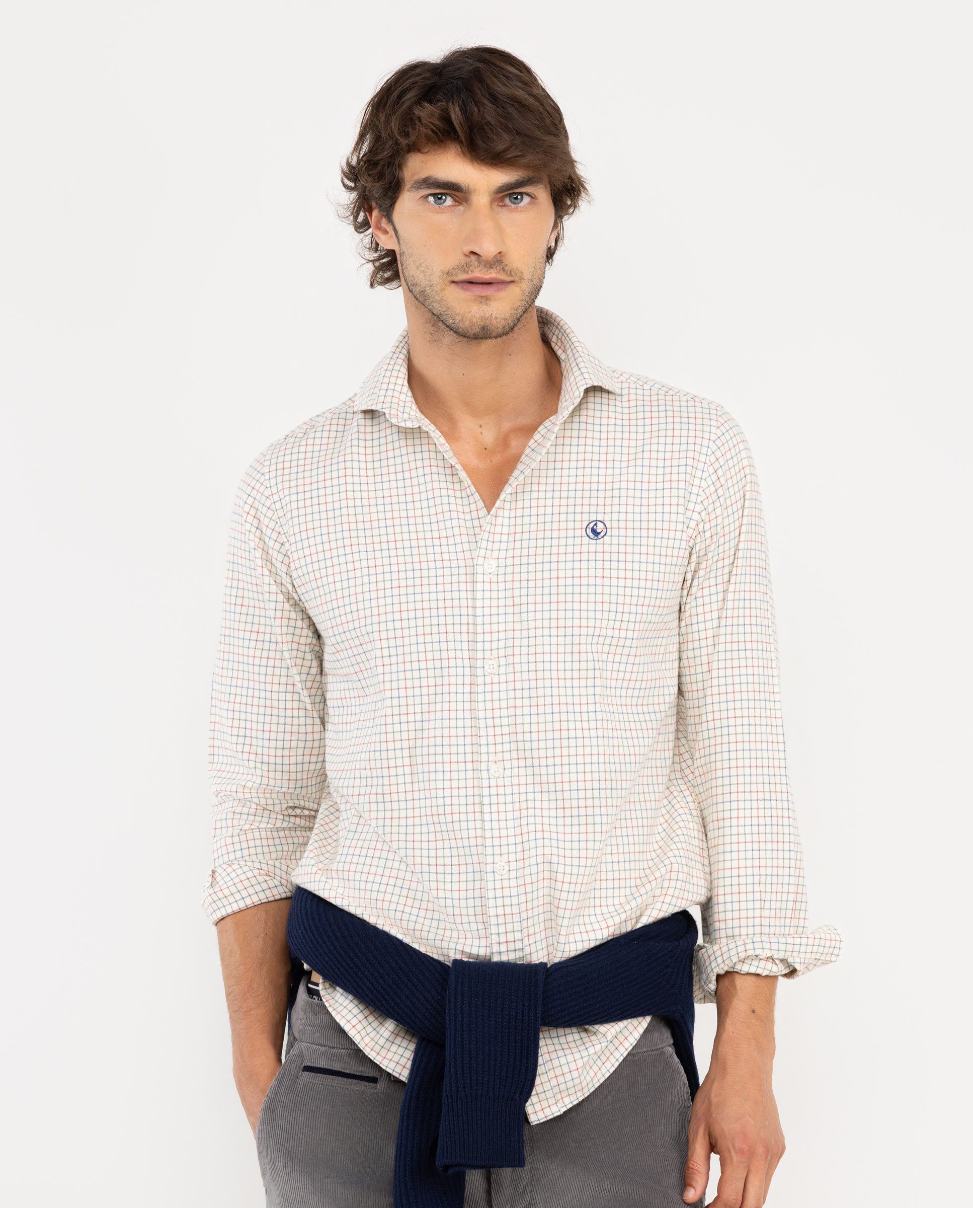 El Ganso® Cream Tattershall Shirt with Mid Blue Trim